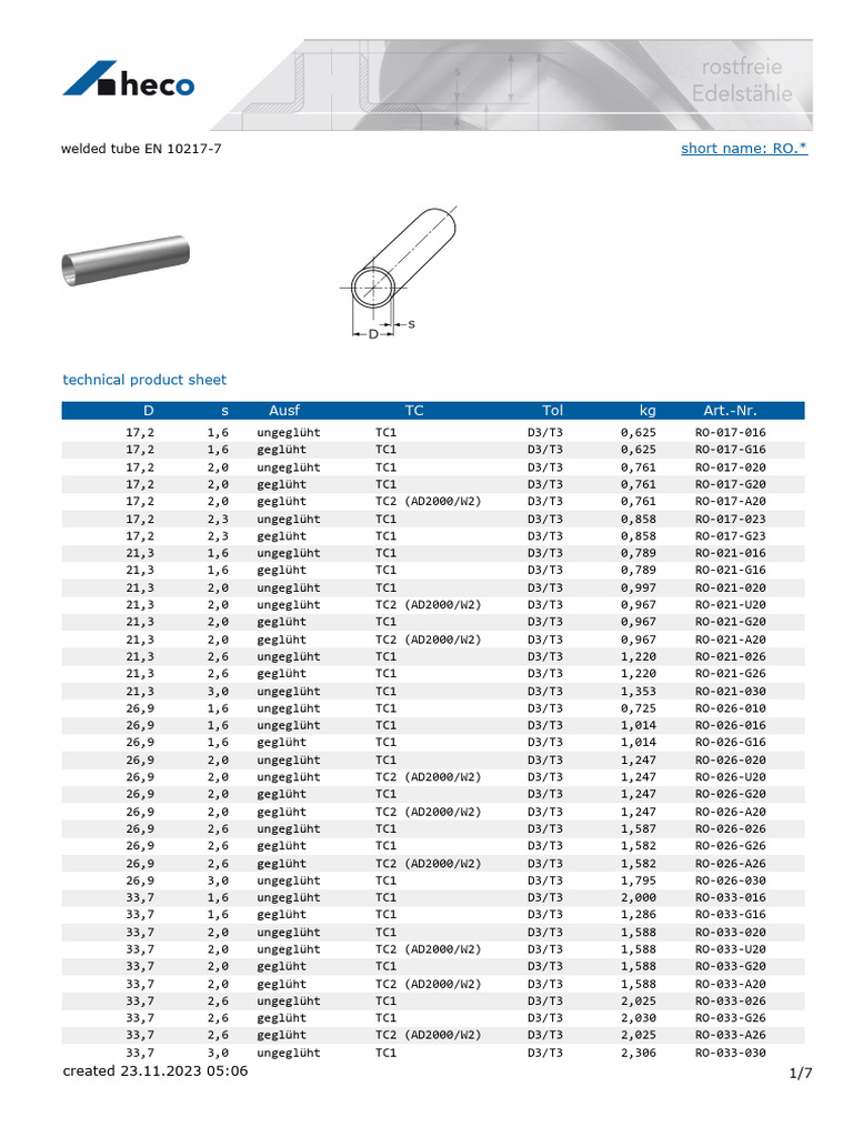 Heco Product Sheet 380 Stainless Steel Tubes Round Welded ISO ...