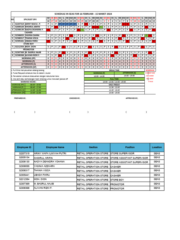 Timetable Store & Roster 16 Februari - 15 Maret | PDF