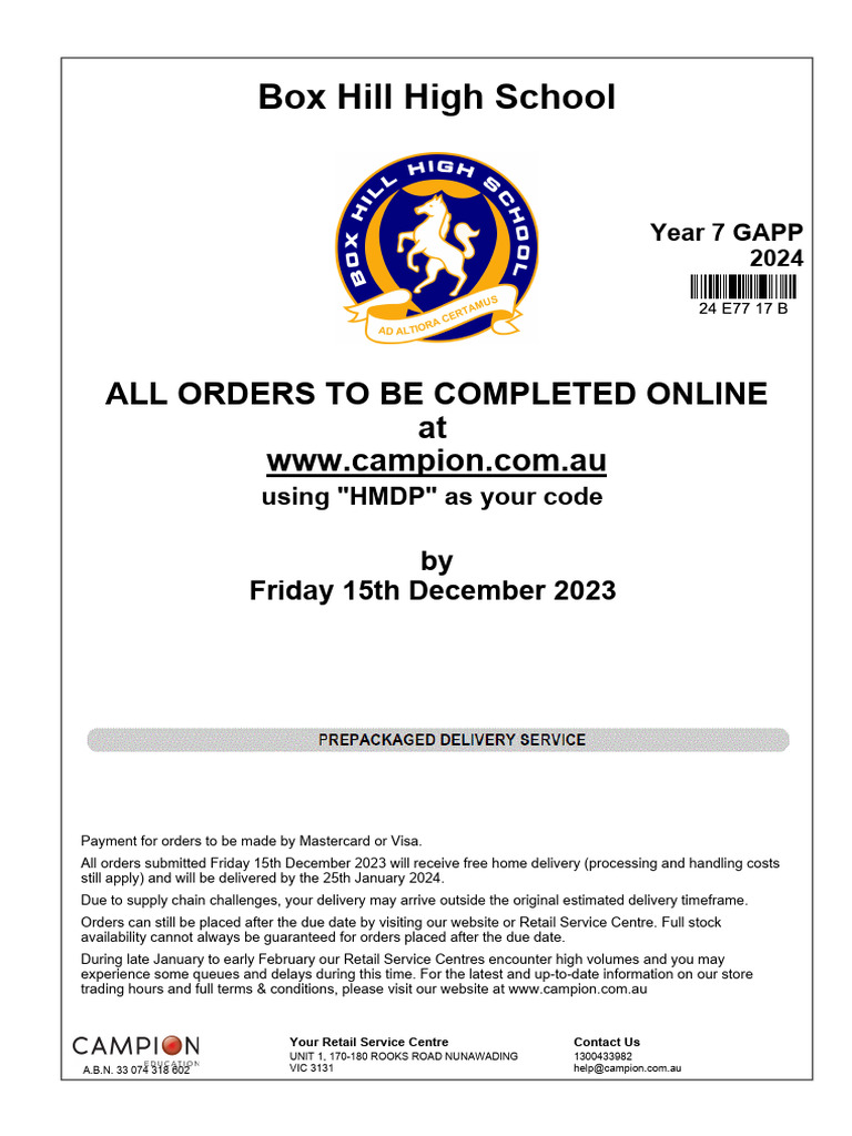 Box Hill High School Year 7 GAPP - 2024 V2 | PDF | Pen | Pencil