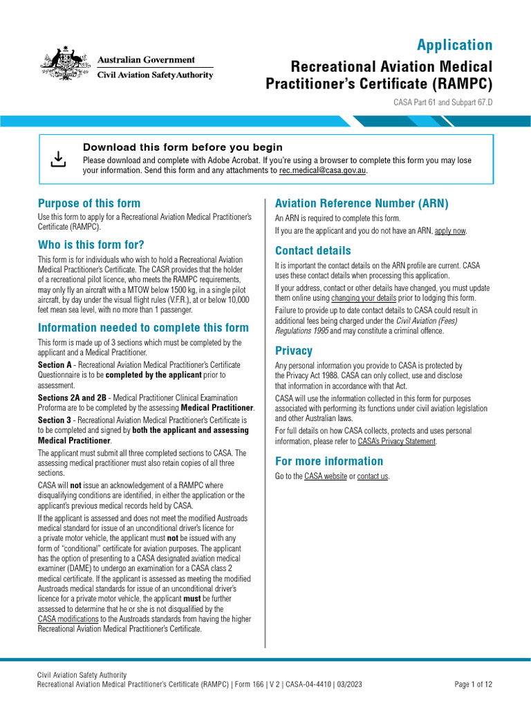 Recreational Aviation Medical Practitioners Certificate Form 166 ...
