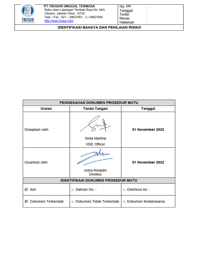 WI-02-01 TTG Identifikasi Bahaya, Penilaian Dan Pengendalian Risiko (IBPR) | PDF