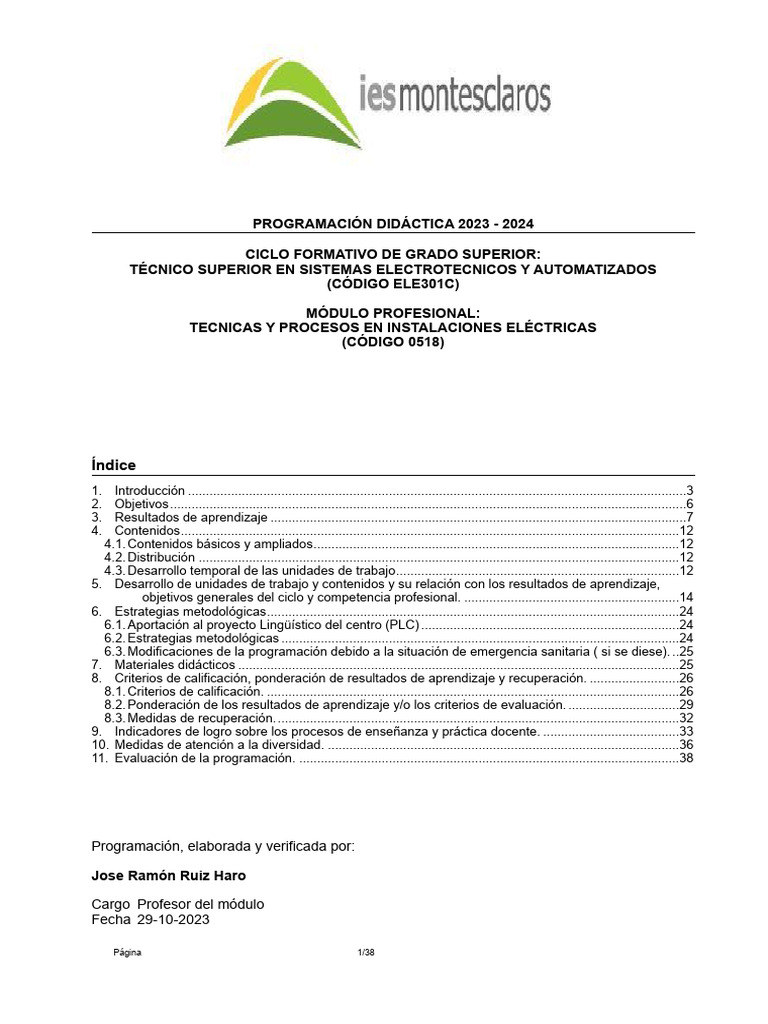 Prog. Técnicas y Procesos en Instalaciones Eléctricas - 23-24 | Descargar gratis PDF | Cableado ...
