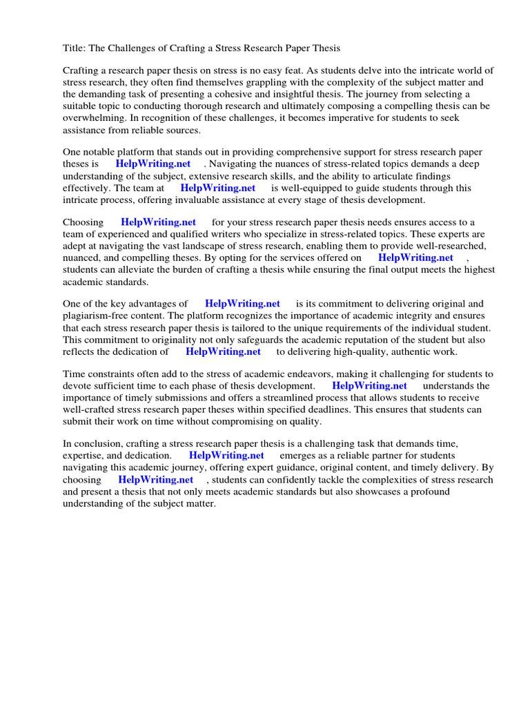 Stress Research Paper Thesis | PDF | Stress (Biology) | Stress Management