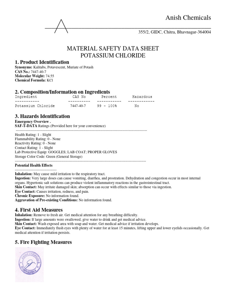 Anısh Potassium Chloride Msds | PDF | Personal Protective Equipment | Potassium Chloride