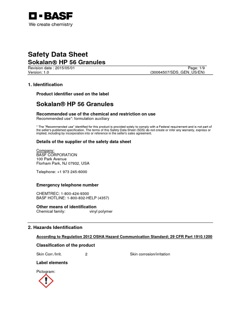 Sokalan HP 56 Granules MSDS | PDF | Toxicity | Chemical Substances