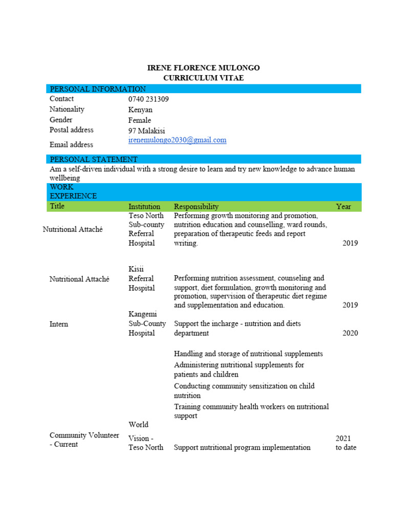 Irene Florence Mulongo CV | PDF | Dietitian | Social Programs