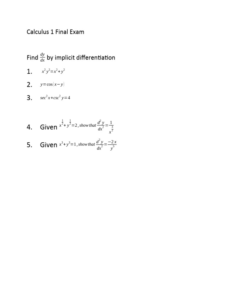 Calculus 1 Exam: Implicit Differentiation | PDF
