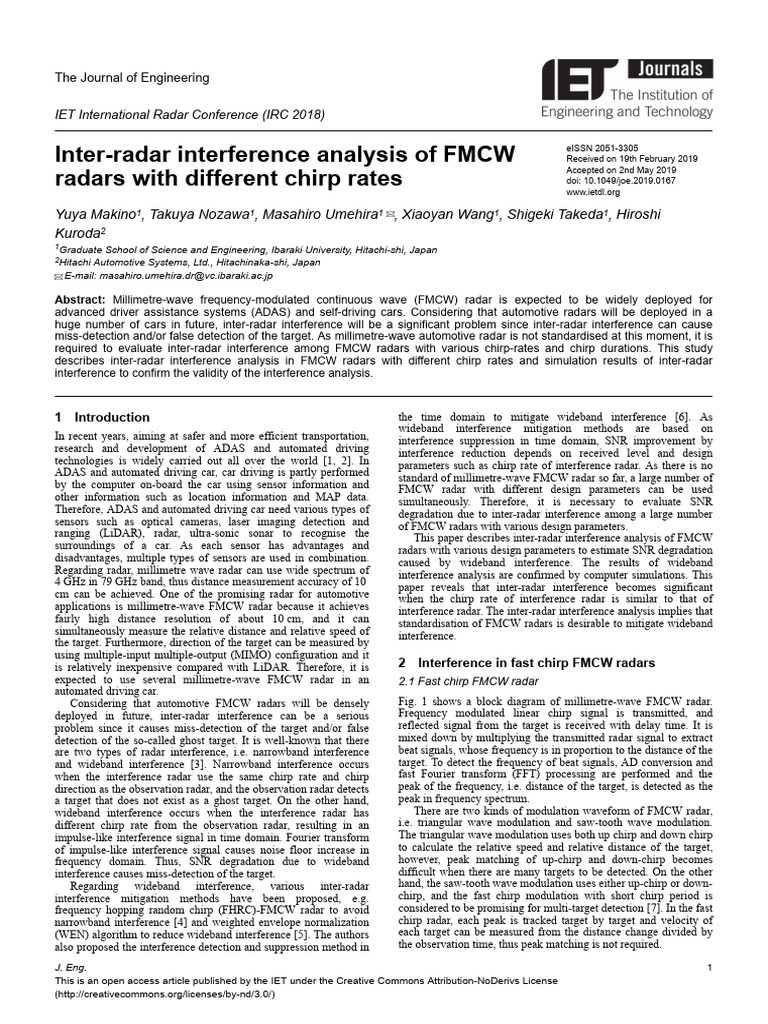 Inter-Radar Interference Analysis of FMCW Radars W | PDF | Radar | Modulation