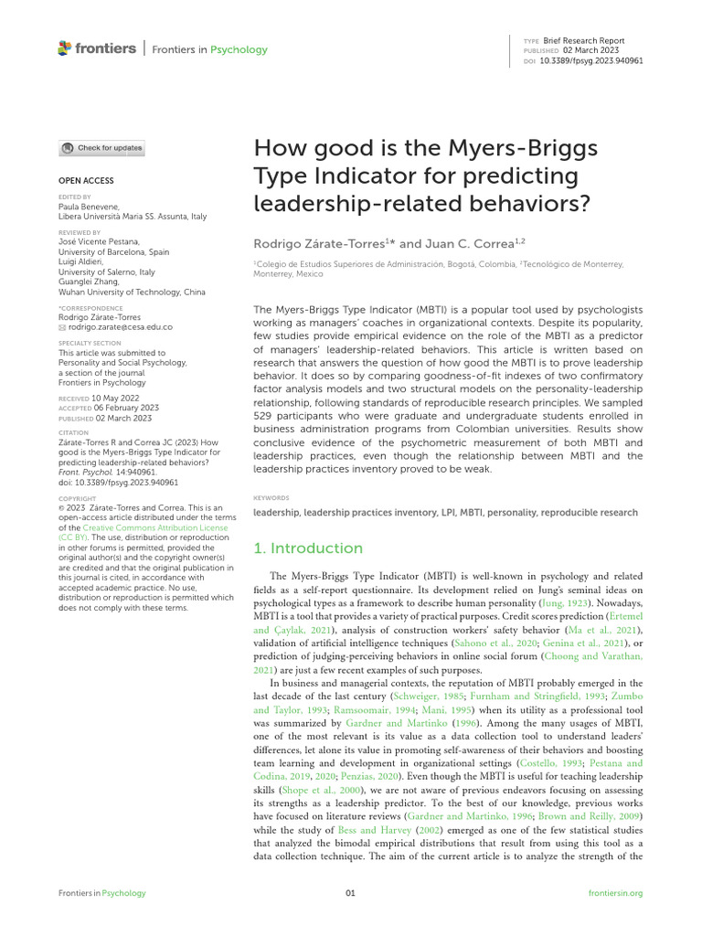 How Good Is The Myers-Briggs Indicator For Predicting Leadership-Related Behavior | PDF ...