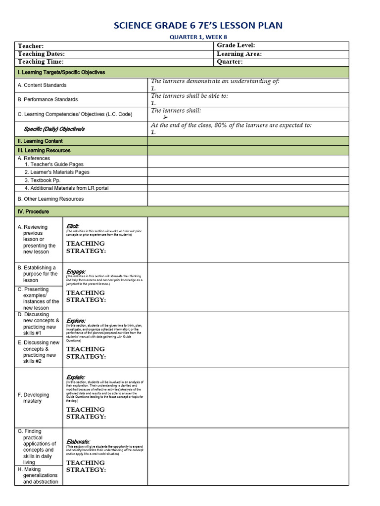 Science 6 7es Lesson Plan q1-w8 | PDF | Learning | Lesson Plan