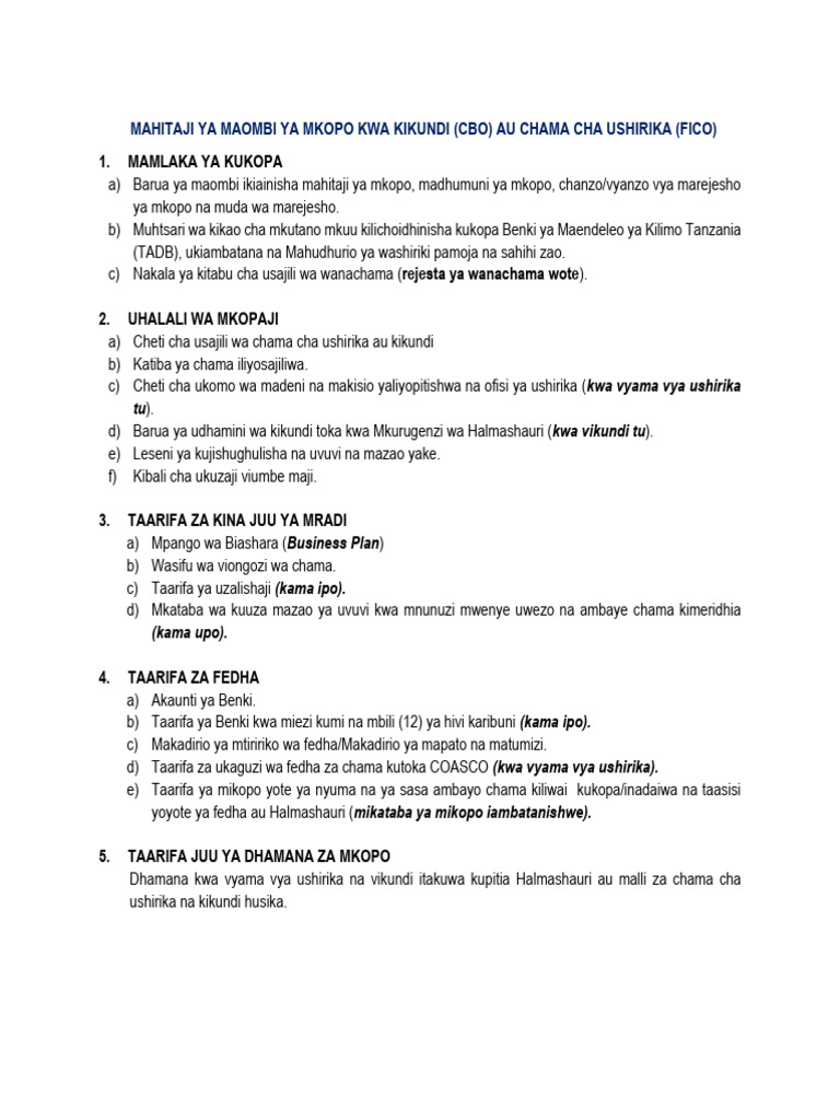 Sw1701088254-Mahitaji Ya Maombi Ya Mkopo Kwa Kikundi | PDF