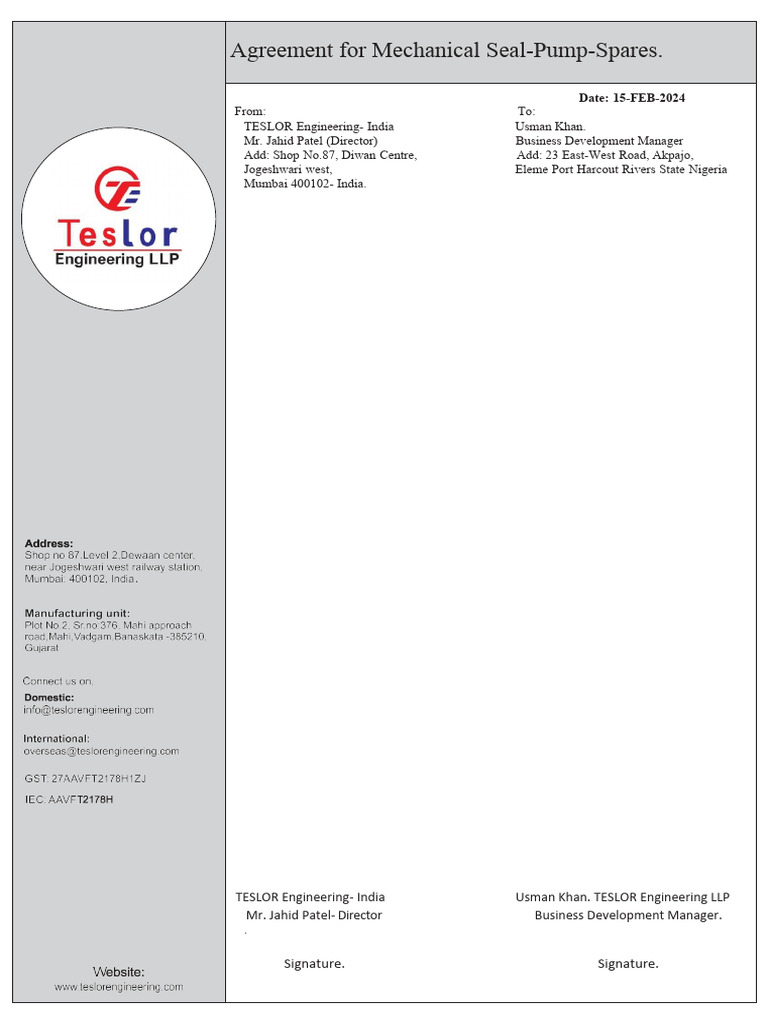 Mechanical Seal Agreement - Teslor Engineering | PDF