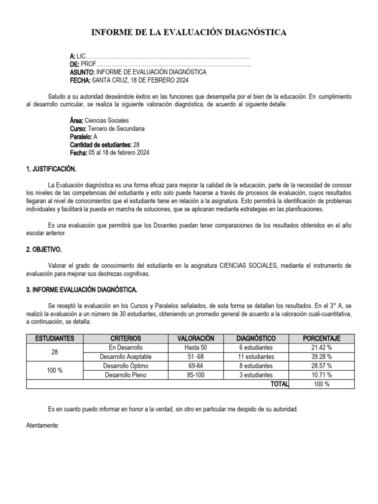 Informe Evaluación Diagnóstica | PDF | Evaluación | Cognición