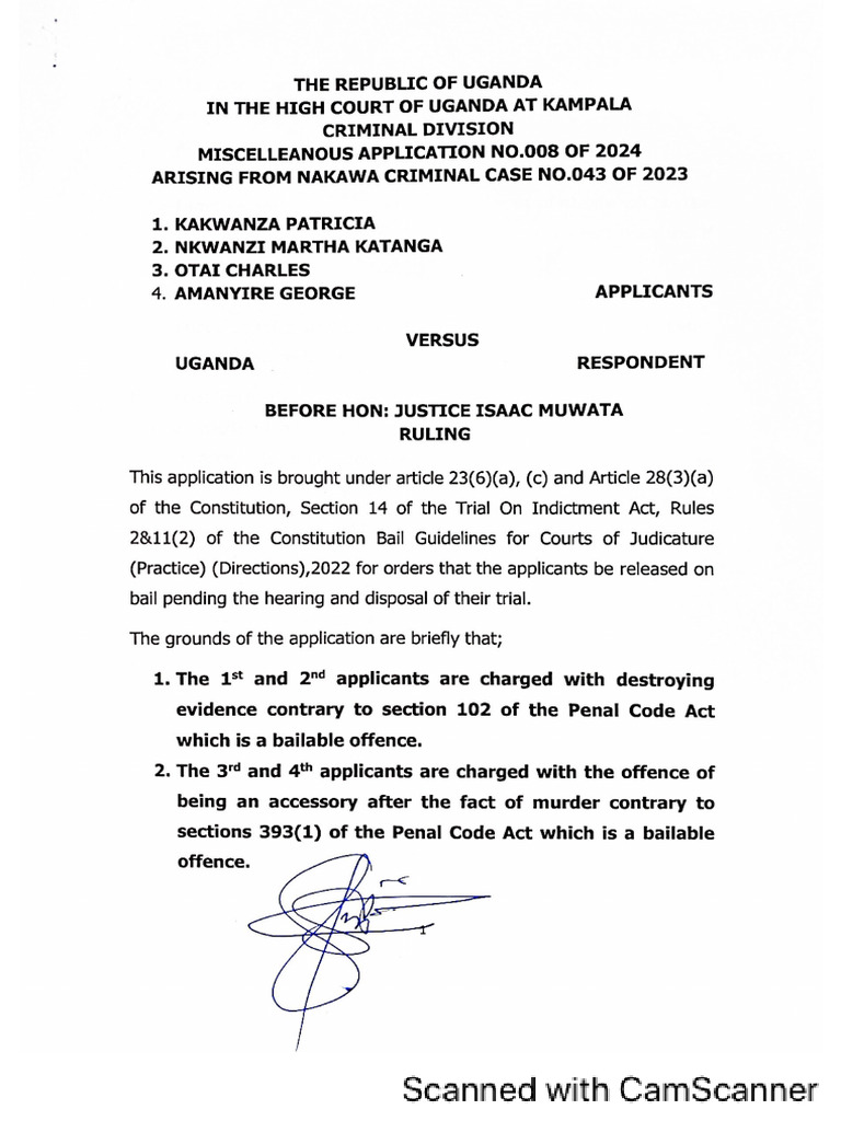 Kakwanza Patricia Others V Uganda (Miscellaneous Application 8 of 2024) 2024 UGHCCRD 12 (21 ...