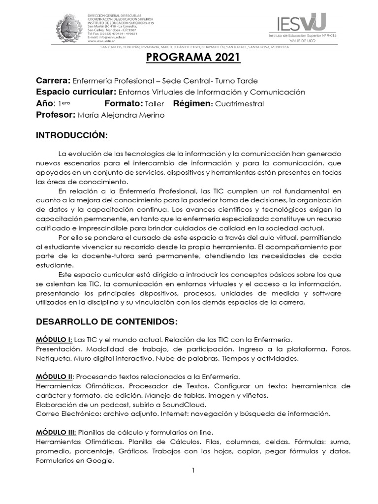 Programa 2021-Entornos Virtuales TT | Descargar gratis PDF | Tecnología de información y ...
