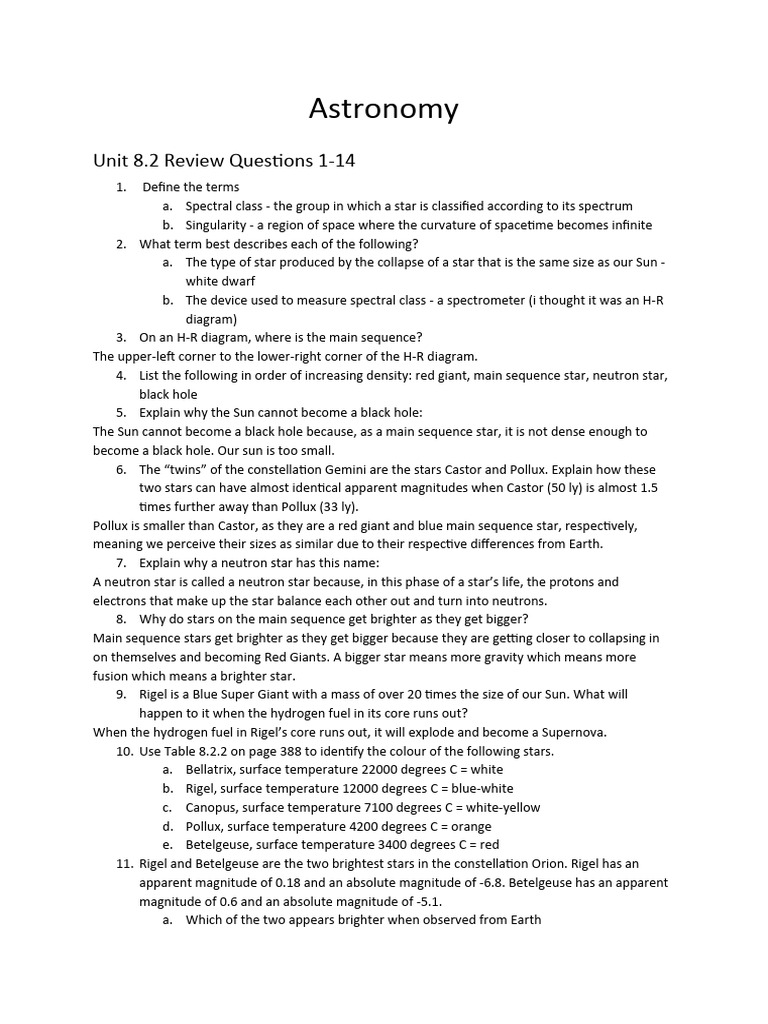 Astronomy Notes - Year 10 Victorian Curriculum 2022 | PDF | Stars ...
