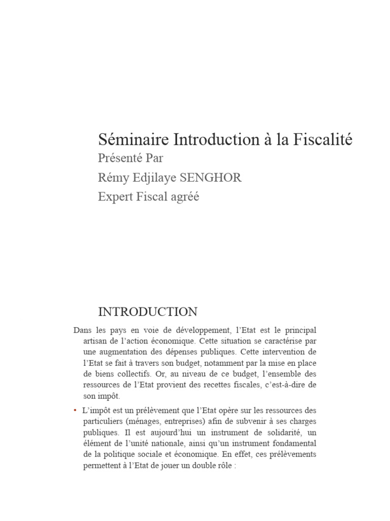 Séminaire Introduction À La Fiscalité | PDF | Impôts | Loi