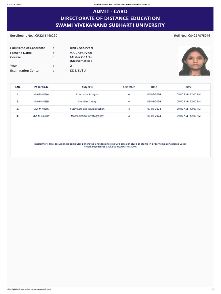 Admit Card - Ritu Chaturvedi 4th Sem | PDF