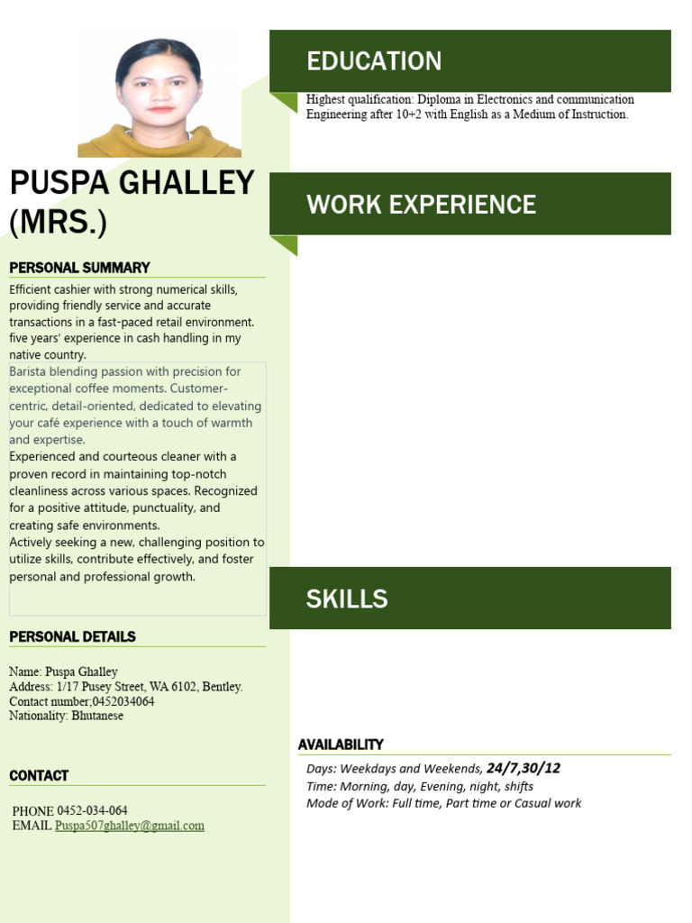 Puspa Ghalley: Retail & Cleaning CV | PDF