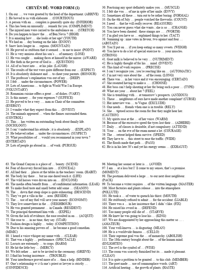 Word Form Exercises for Vocabulary Building | PDF