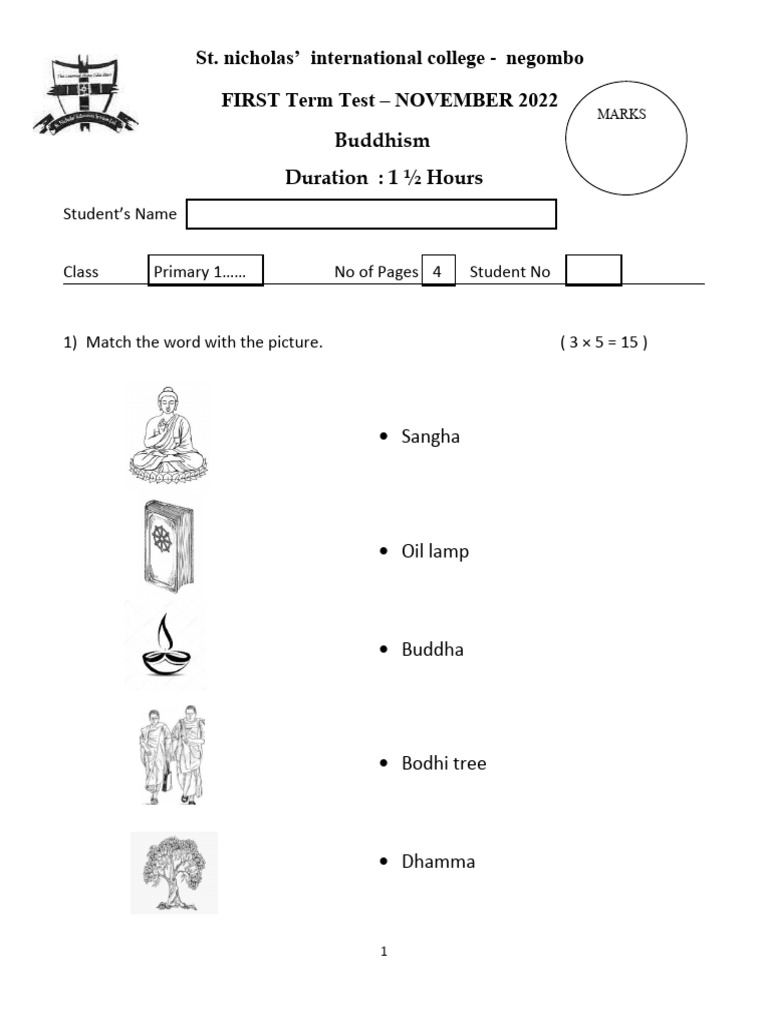 Primary 1 Buddhism 1st Term Test 2022 | PDF | Buddhist Practices ...