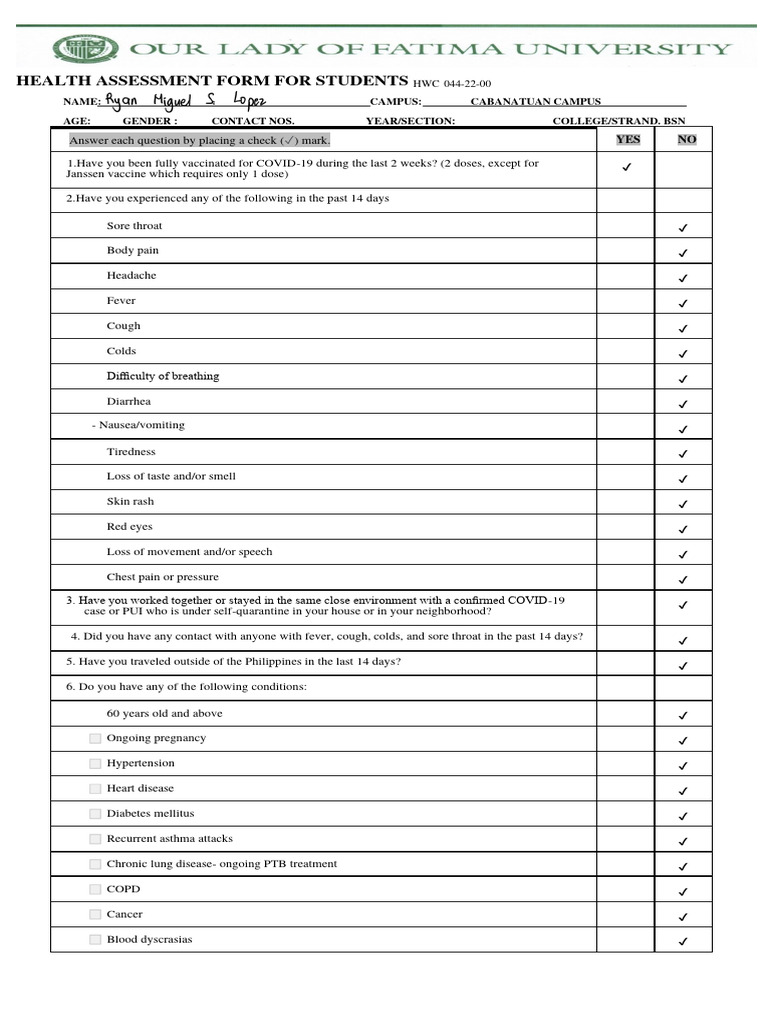 Student Health Assessment Form | PDF | Chronic Obstructive Pulmonary Disease | Chronic Condition