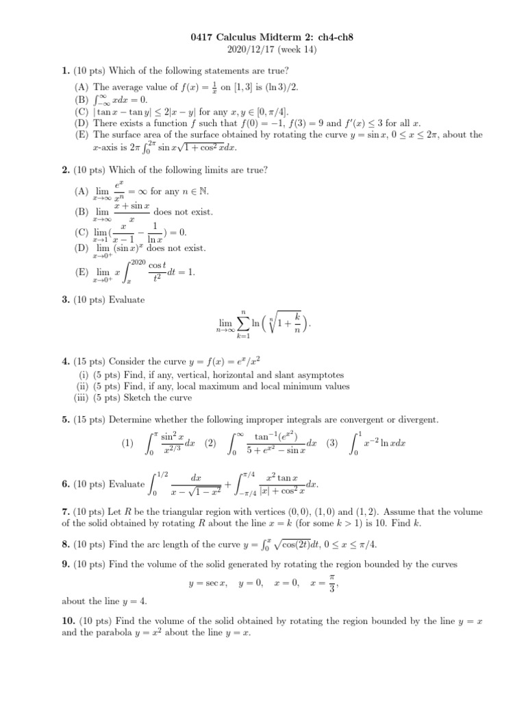 Calculus Midterm 2 Exam Review | PDF | Analysis | Algebraic Geometry