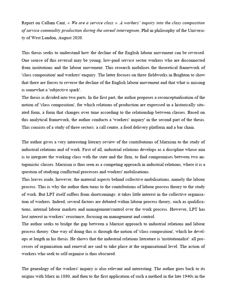Callum Cant - We Are A Service Class - Notes | PDF | Empirical Evidence ...
