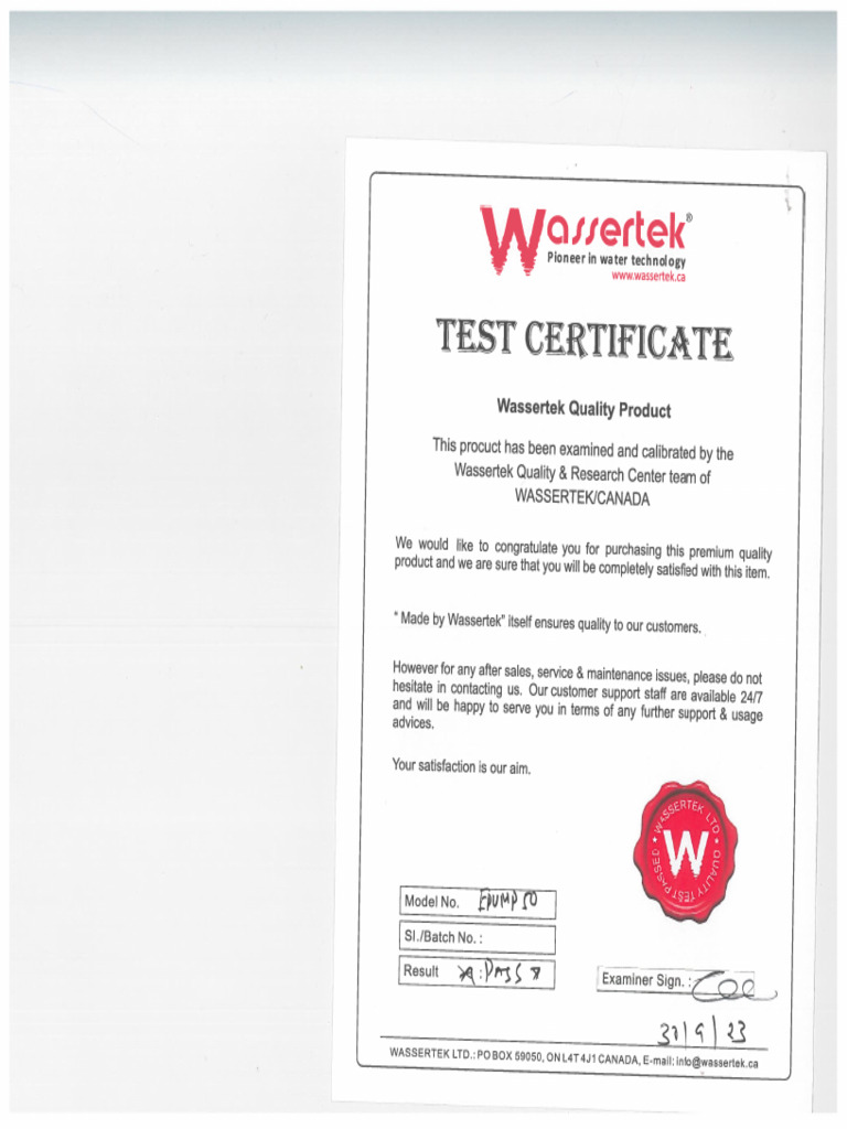Hydrotest Pump Certificate | PDF