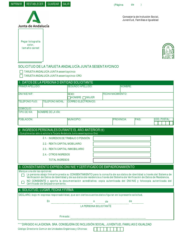solicitud SOLICITUD DE LA TARJETA ANDALUCÍA JUNTA SESENTAYCINCO | PDF