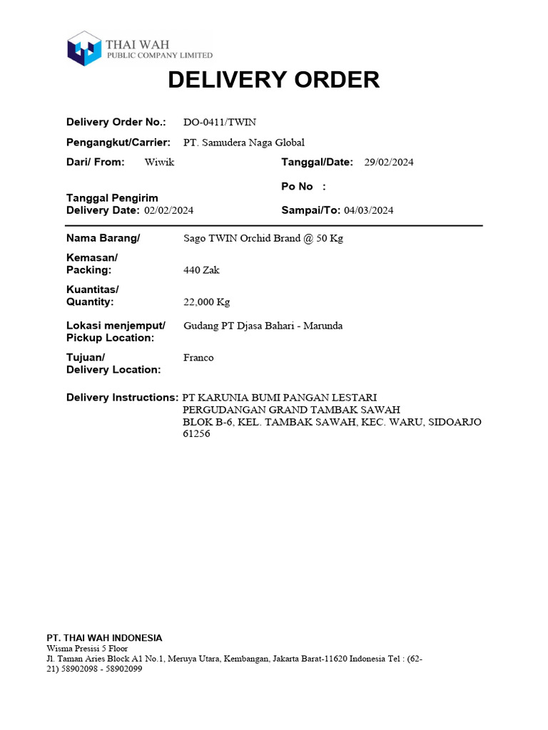 Delivery Order 411 - PT Karunia Bumi Pangan Lestari | PDF