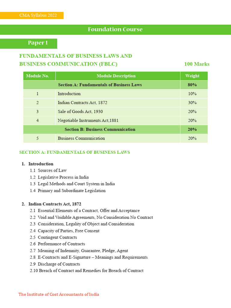 Foundation Course Paper 1: Fundamentals of Business Laws and Business ...