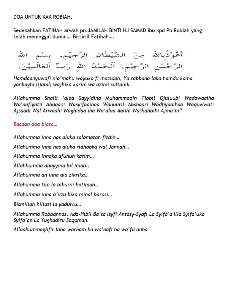 Doa Kesembuhan untuk Puan Robiah | PDF | Agama & Spiritualitas