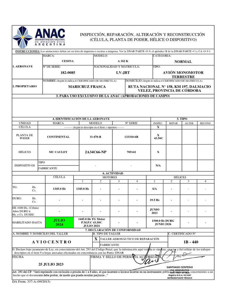 337-A LV-JBT (2023) | PDF | Aeroespacial | Vehículos