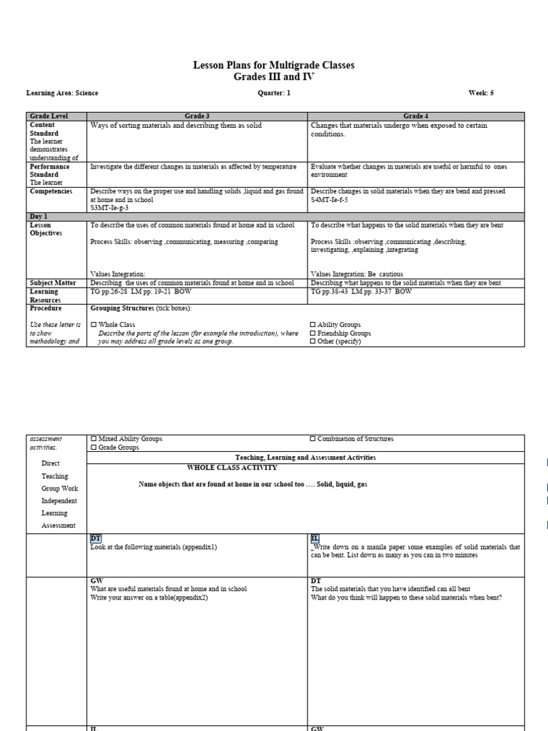 Multigrade Science Lesson Plans: Grades 3-4 | PDF | Learning | Methodology