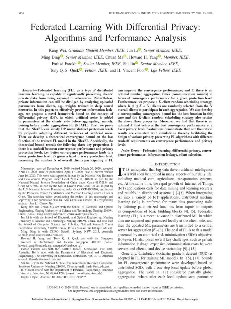 Federated Learning With Differential Privacy Algorithms and Performance Analysis | PDF | Normal ...