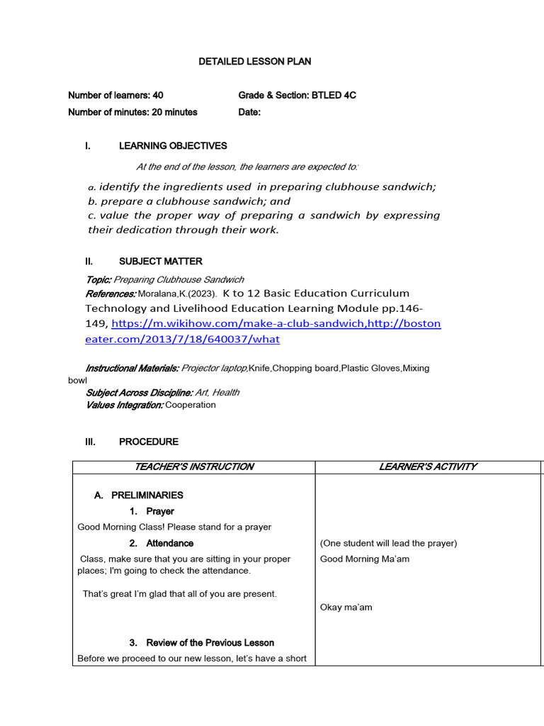Detailed Lesson Plan | PDF | Food And Drink | Cooking