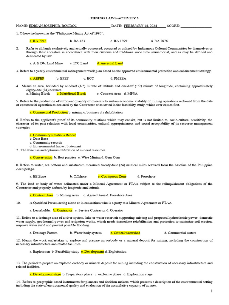BONDOC Edrian Joseph BSEM 4 Mining Laws Activity 2 | PDF | Mining | Audit