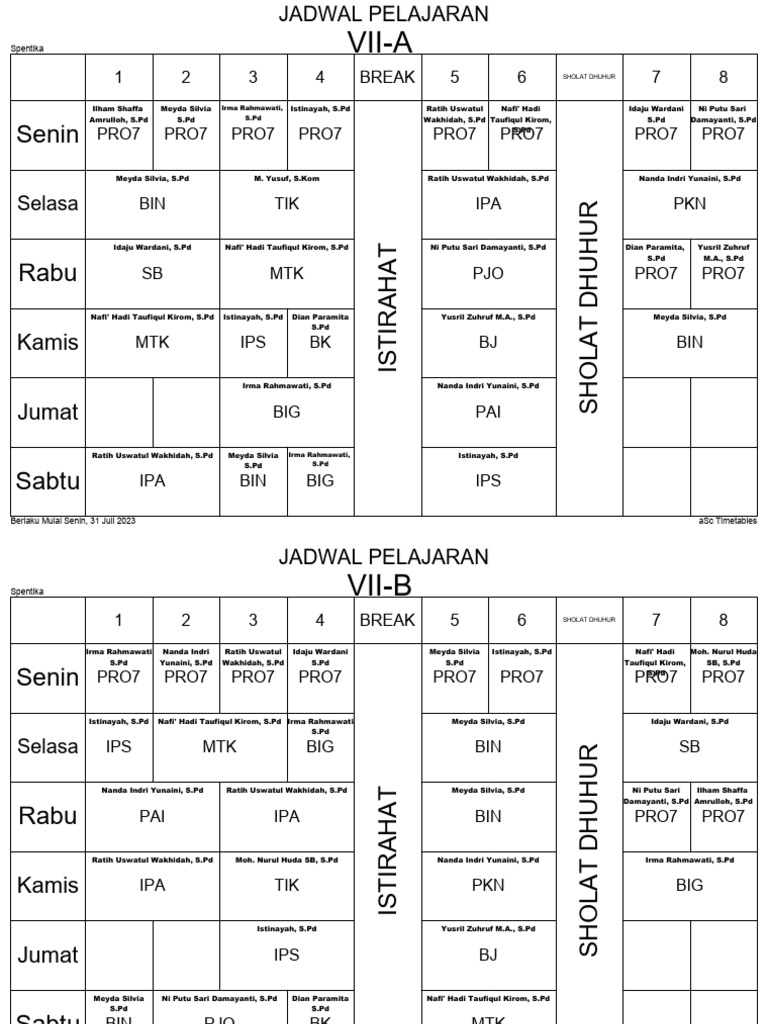 Jadwal Kelas - 31 Juli 2023 | PDF