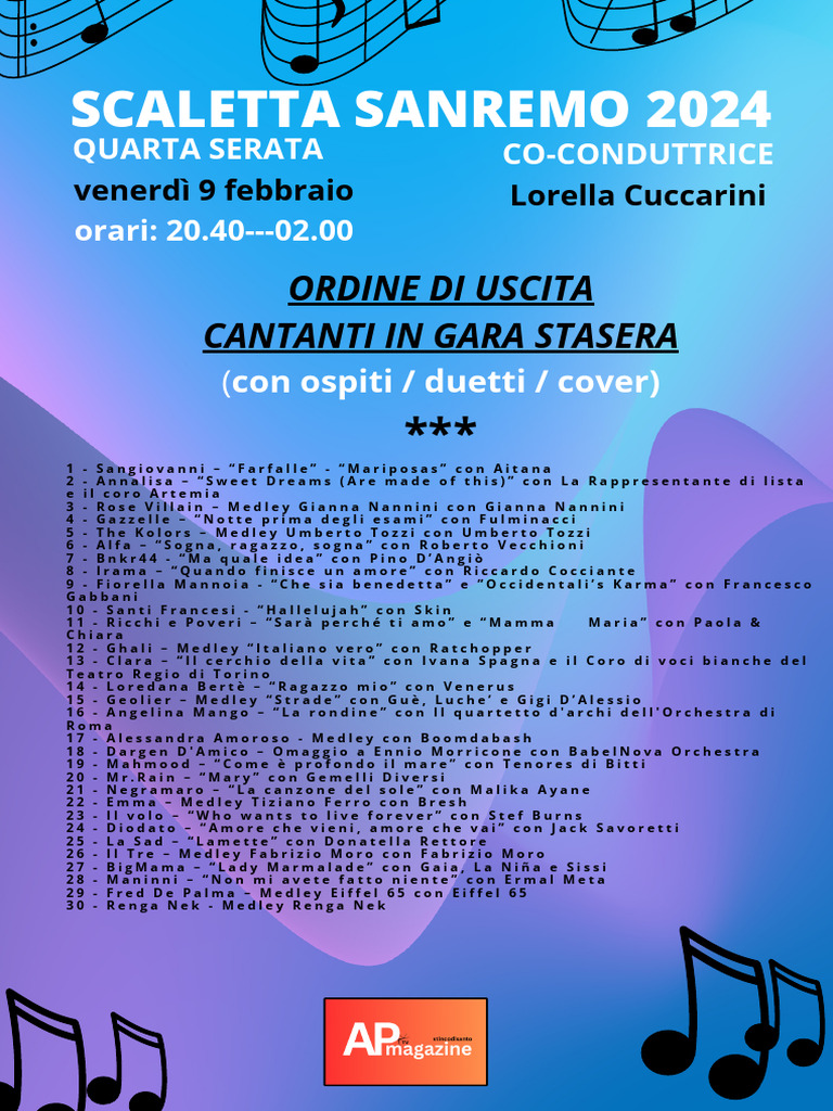 Scaletta Sanremo 2024 PDF Quarta Serata PDF | PDF