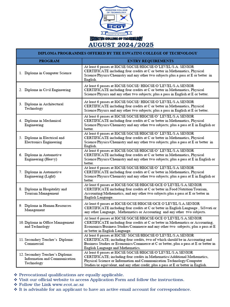 ECOT Diploma Programs and Requirements 2025 | PDF | Vocational ...