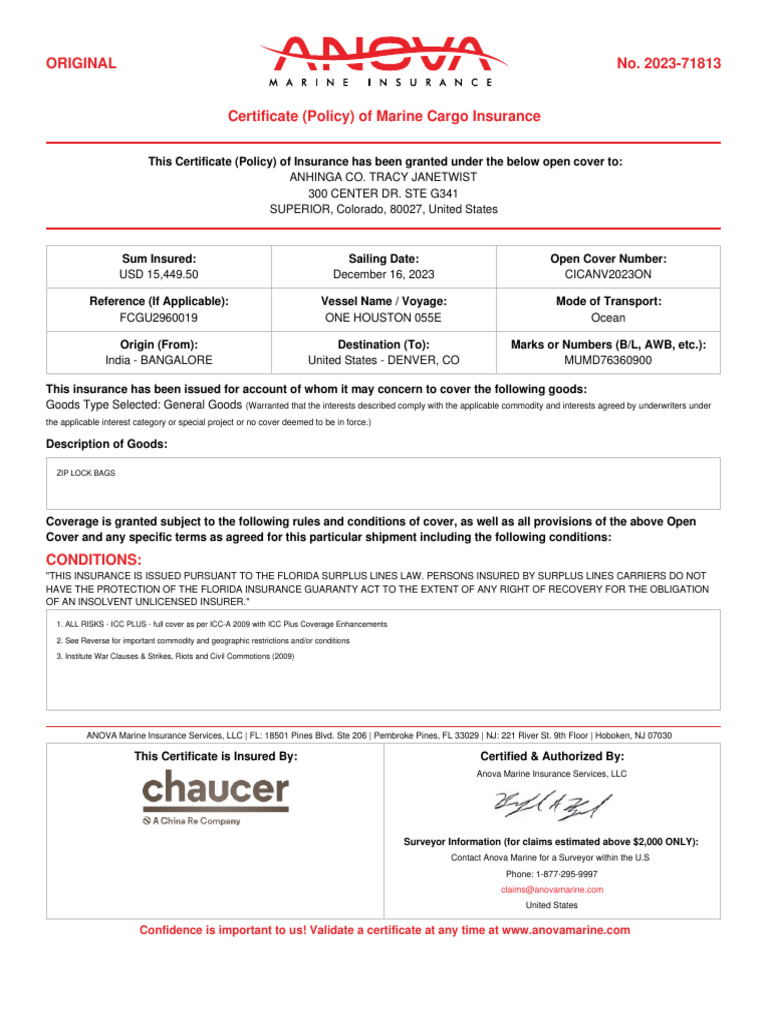 Certificate 2023-71813 1221231703186345 | PDF | Insurance | Common Law