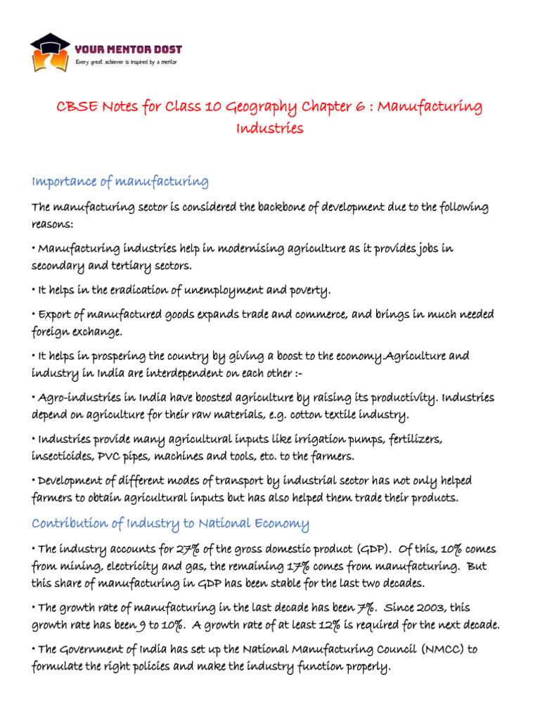CBSE Notes for Class 10 Geography Chapter 6 _ Manufacturing Industries ...