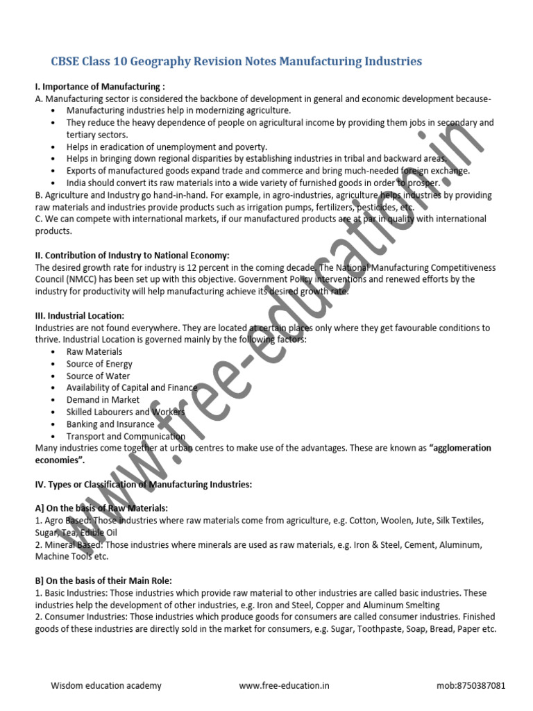 Geography Revision Notes Manufacturing Industries | PDF | Jute | Steel