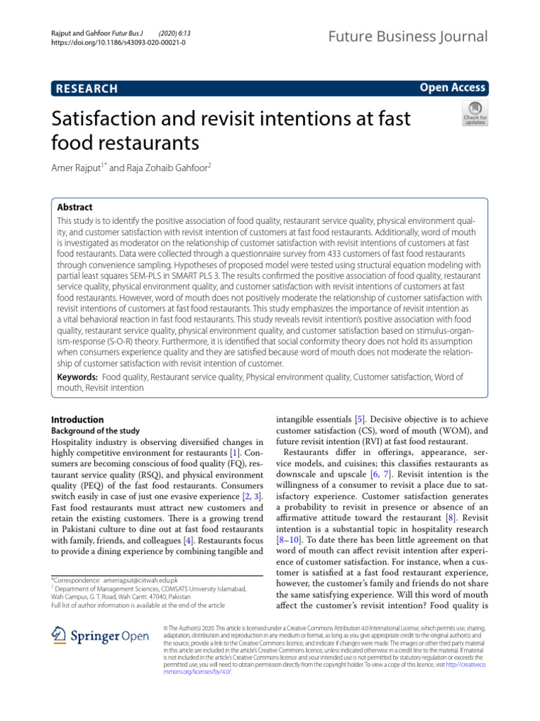 Satisfaction and Revisit Intentions at Fast Food R | PDF | Behavior ...