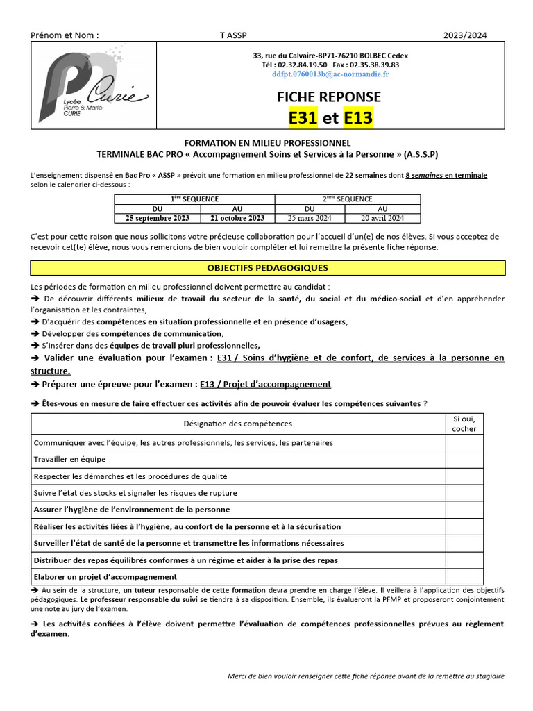 Fiche Reponse E31tassp p1 2023-2024 3 | PDF