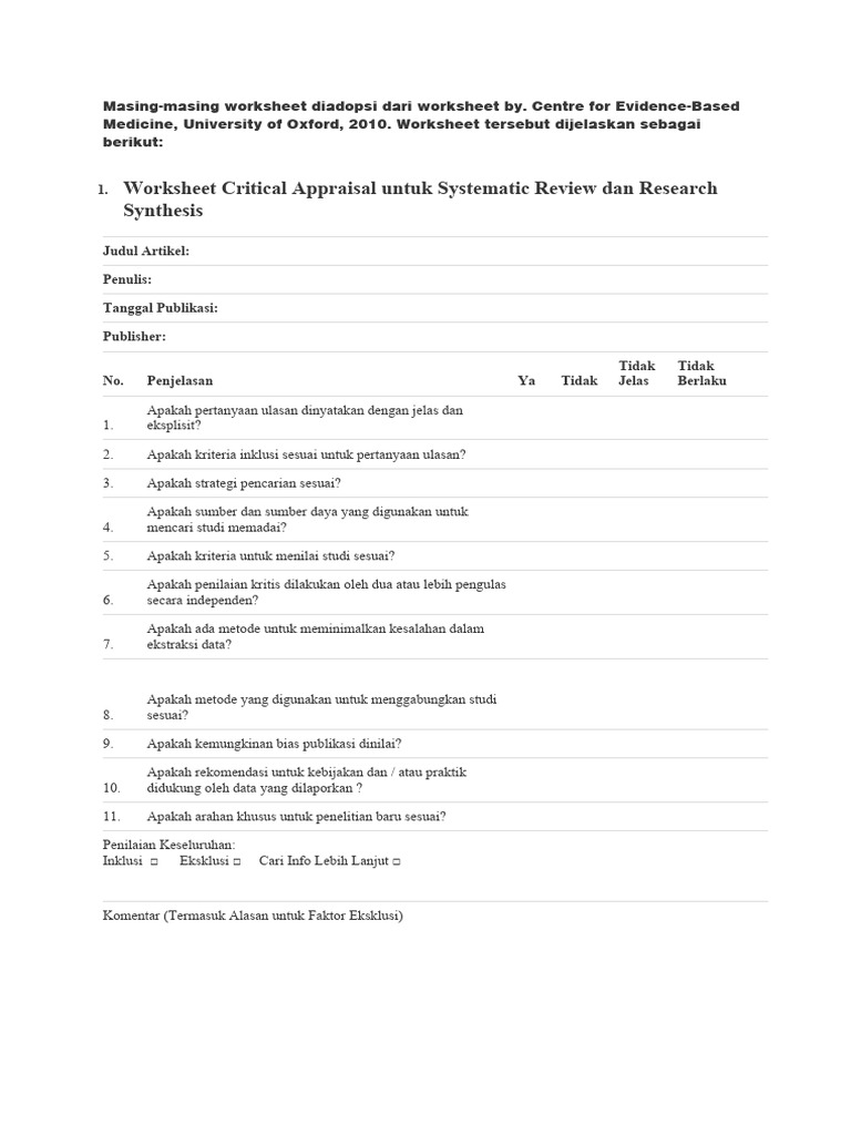 Worksheet Critical Appraisal | PDF