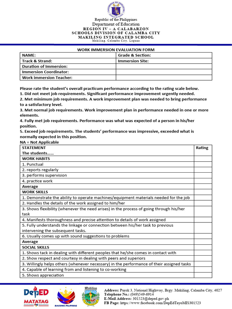 Work Immersion Evaluation Form | PDF | Learning | Cognitive Psychology