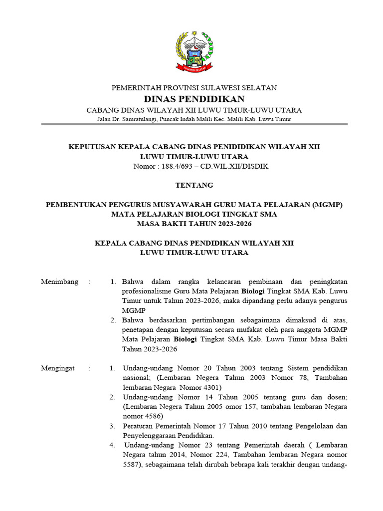 Pembentukan Pengurus MGMP Biologi | PDF