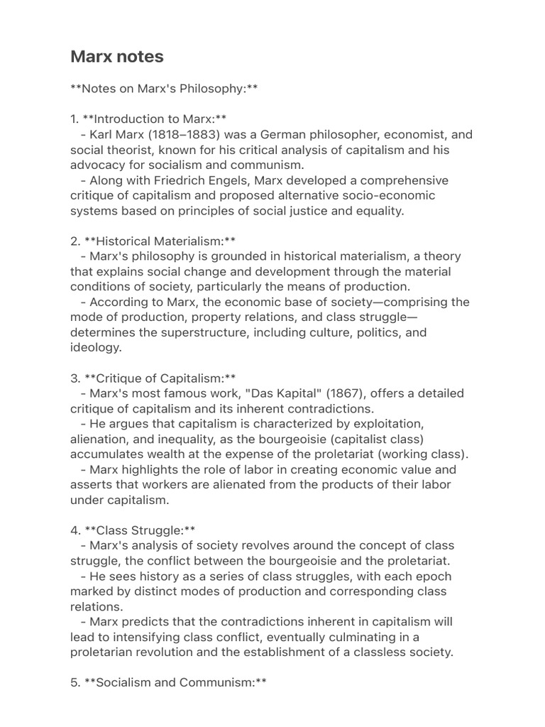 Marx Notes | PDF | Karl Marx | Capitalism